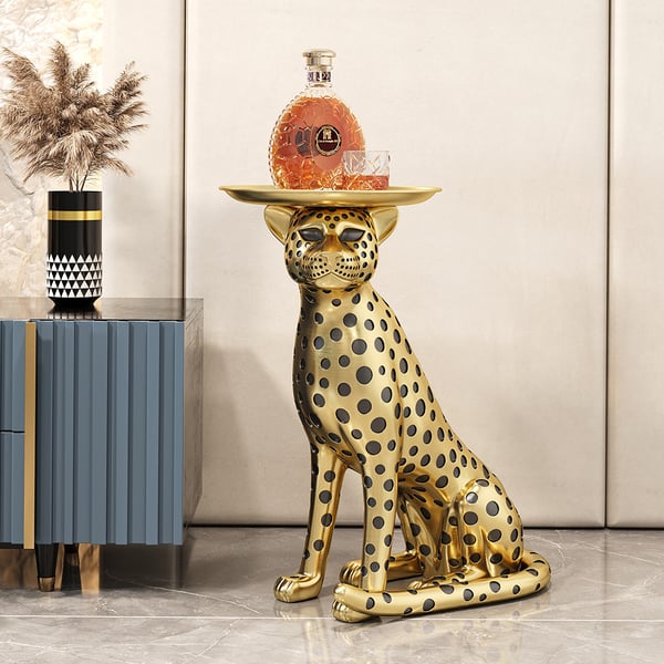 Luxury Gold Leopard Accent Side Table with Tray Top Resin Panther End ...