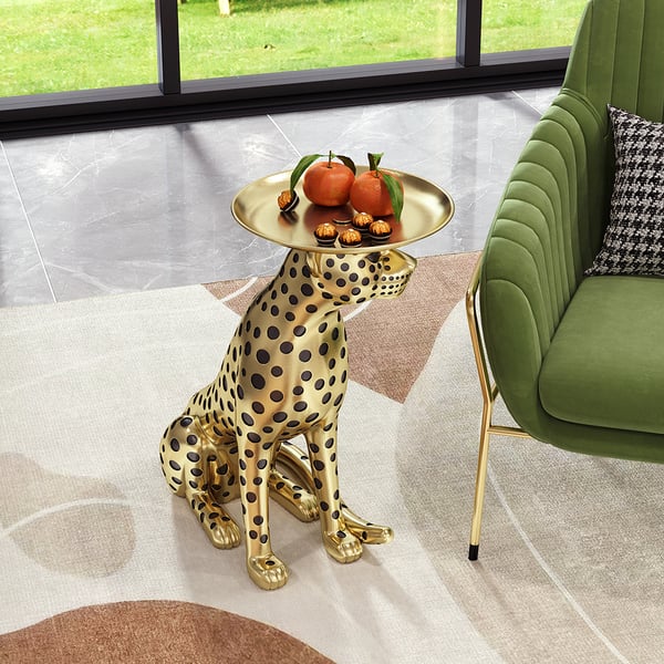 Luxury Gold Leopard Accent Side Table with Tray Top Resin Panther End ...