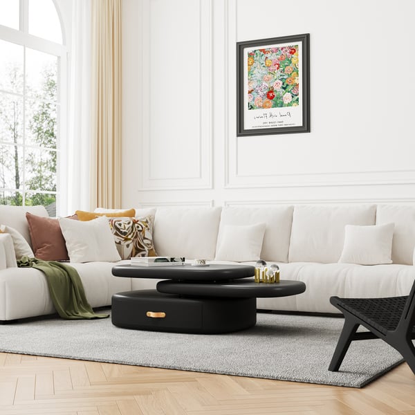 3-Tiered Modern Oval Black Pebbles Rotating Coffee Table with Storage ...