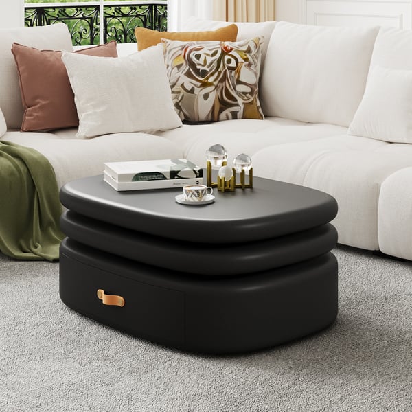 3-Tiered Modern Oval Black Pebbles Rotating Coffee Table with Storage ...