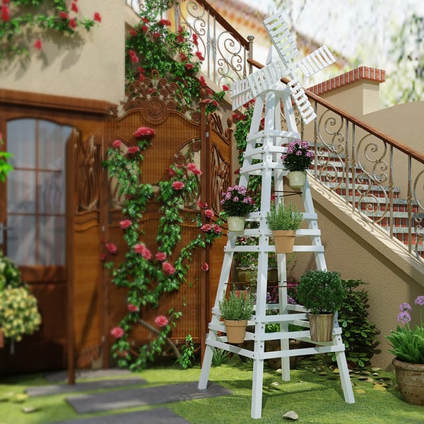 White Wood Windmill Planters Trellis Garden Decoration | Homary UK