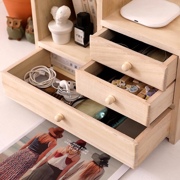 Simple Wooden Desktop Organiser with Drawers & Compartments | Homary UK