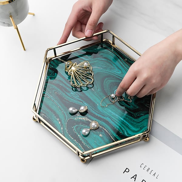 Modern Hexagonal Tray Desk Organizer in Gold&Green | Homary UK