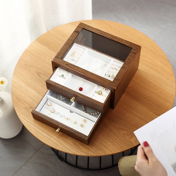 Modern Wooden Jewelry Box Desk Organiser with Drawers & Glass Top ...