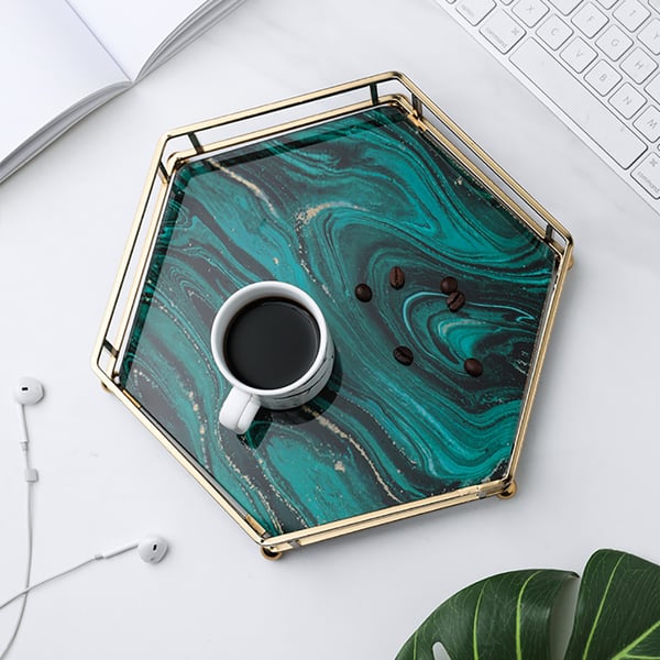 Modern Hexagonal Tray Desk Organizer in Gold&Green | Homary