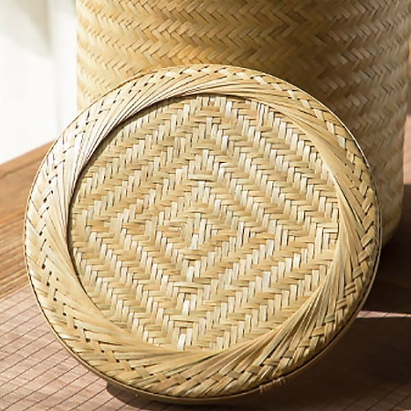 Farmhouse Straw-Plaited Desk Organizer with Lid in Bamboo-Homary