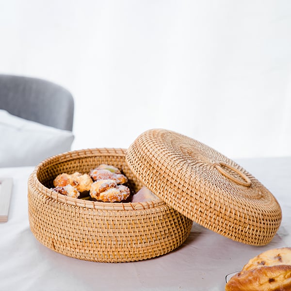 Rustic Modern Round Desk Organizer with Lid in Rattan-Homary
