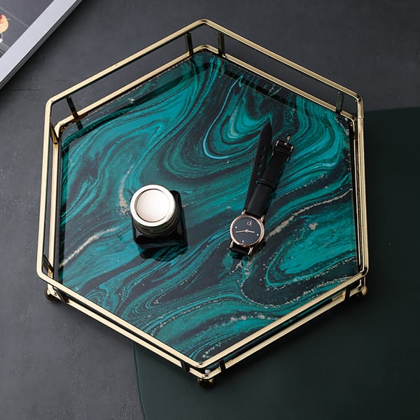 Modern Hexagonal Tray Desk Organizer in Gold&Green | Homary