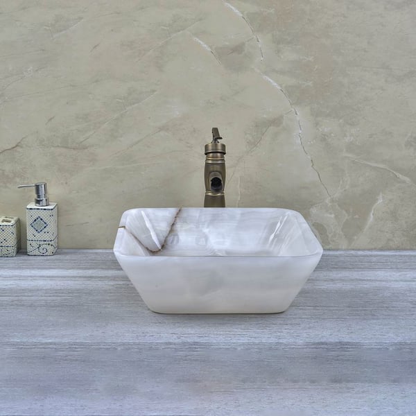 Glossy Countertop Square Natural Stone Bathroom Wash Basin | Homary UK