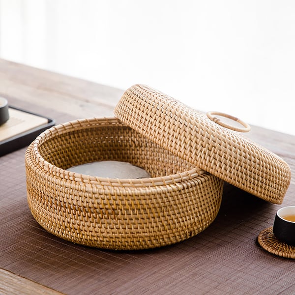 Rustic Modern Round Desk Organizer with Lid in Rattan-Homary