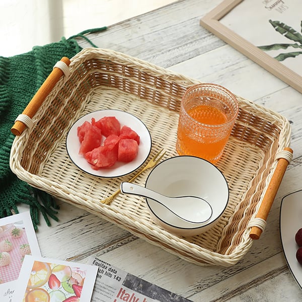 Farmhouse Straw Plaited Tray Desk Organizer in Rattan-Homary