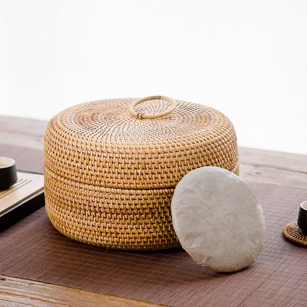 Rustic Modern Round Desk Organizer with Lid in Rattan-Homary