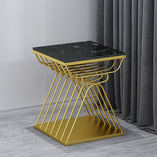 White Square End Table with Storage Marble Top & Metal Frame Small Side ...