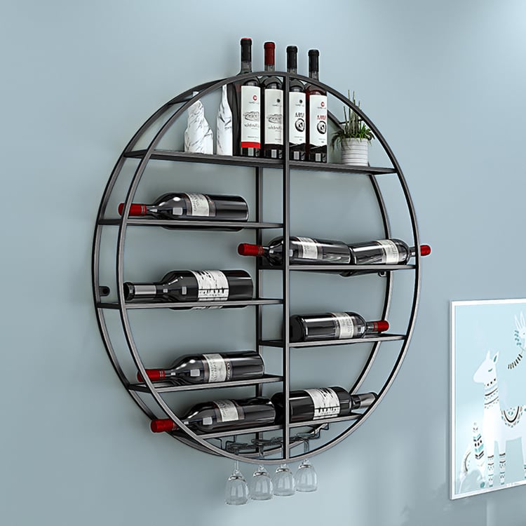 Modern Round Wall Mounted Metal Black Wine Rack with Glass & Bottle ...