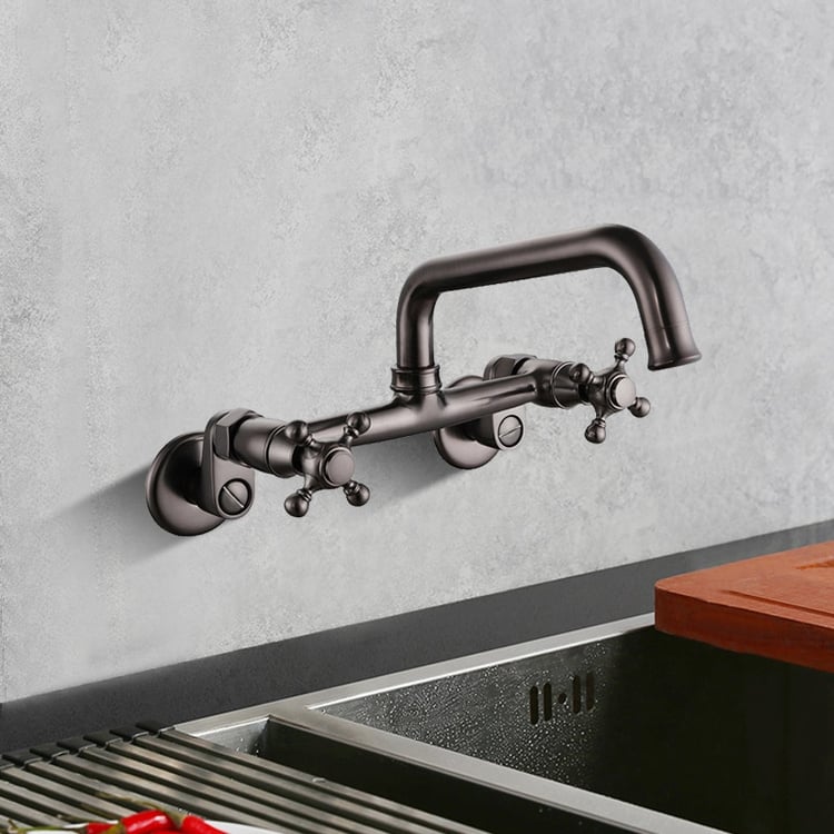 Classic Aerated Spout Wall-Mounted Double Cross Handle Kitchen Faucet ...