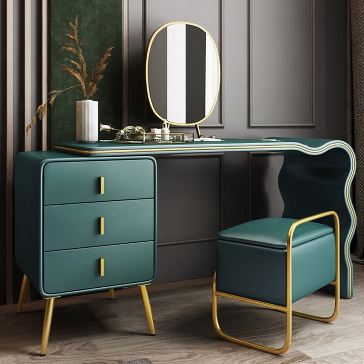 Green Makeup Vanity Set Extendable Dressing Table with Mirror Side Cabinet Stool Homary