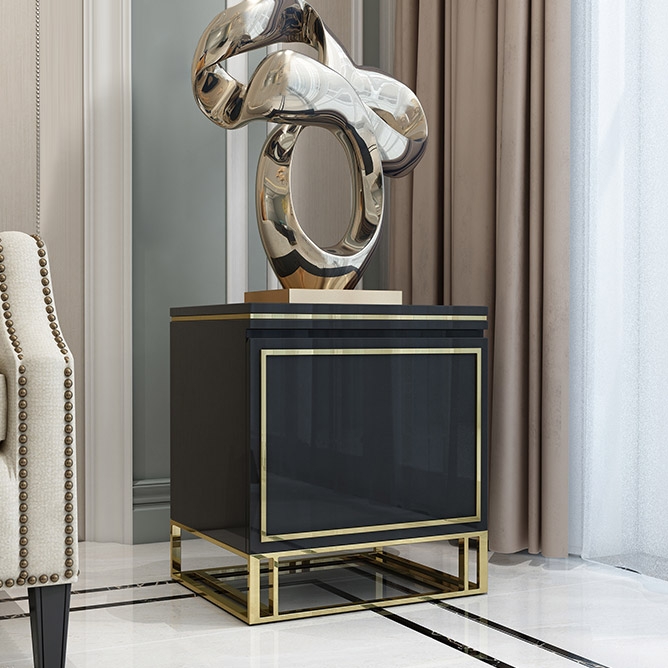 Rimh Black Lacquer Bedroom Nightstand Stainless Steel in Gold｜Homary