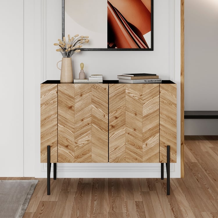 Chevron Sideboard Buffet with Storage 2 Door Black and Natural Accent Cabinet Homary