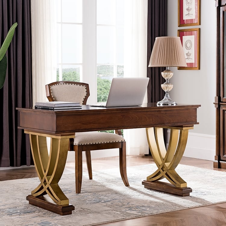 Rustic Vintage 55 Wood Office Writing Desk Walnut Gold Study Table with 3 Drawers Homary UK