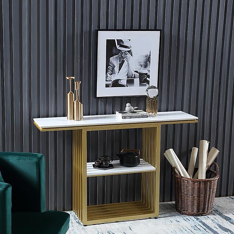 White Rectangle Console Table Modern Narrow Faux Marble Console Table ...