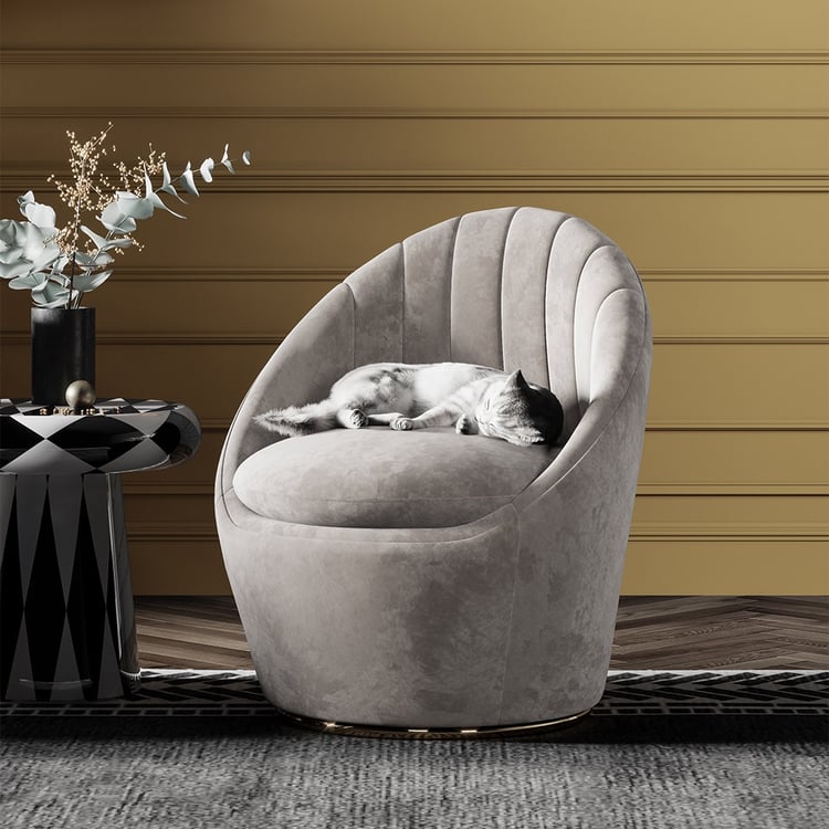 Modern Gray Barrel Chair Golden Base Velvet Upholstered Accent Chair｜Homary