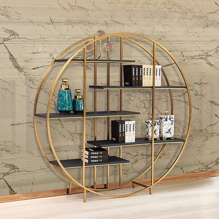 Round Freestanding Etagere Bookshelf in Black & Gold | Homary