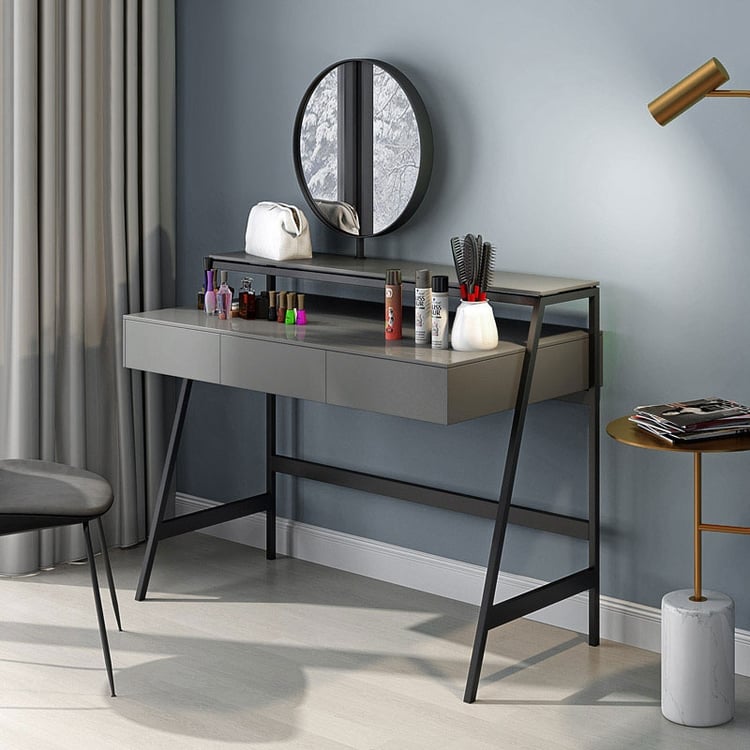 2-Tier Makeup Vanity Table Stainless Steel Frame with 3 Drawers & Round ...