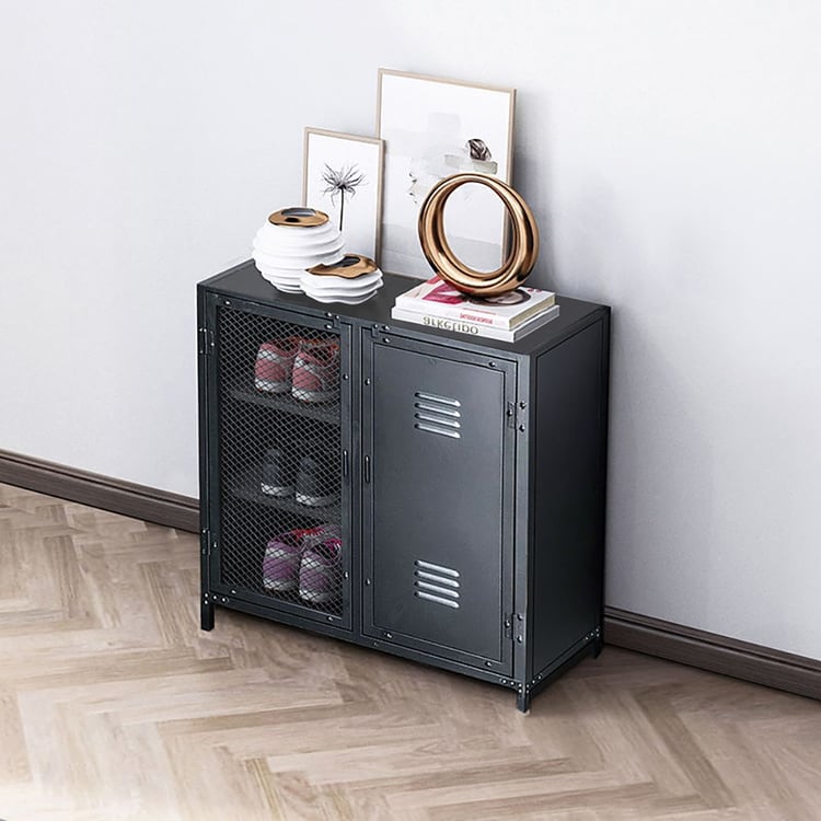 Industrial Black Metal Shoe Storage Cabinet with Doors Shelves Hallway Shoe Cabinet Homary UK