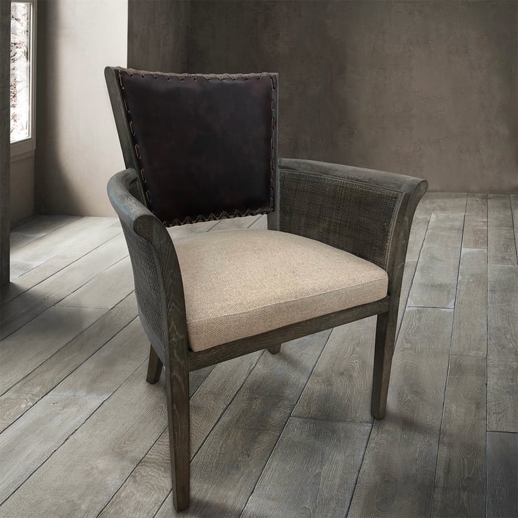 Vintage French Style Oak & Linen Upholstered Dining Chair Leather Back ...
