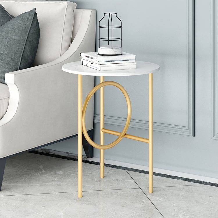 White Modern Round Side Table Marble Tabletop End Table Metal｜Homary