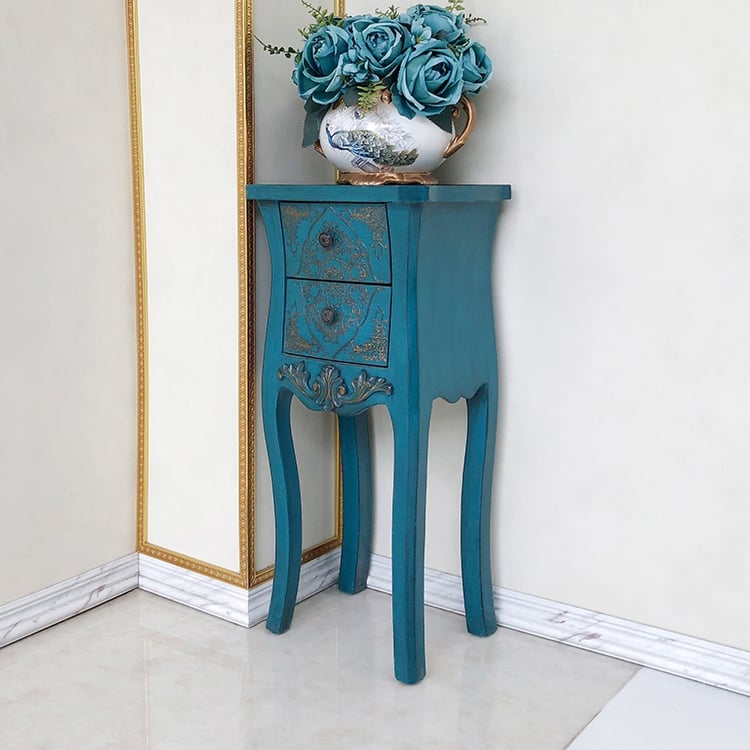 Rustic Blue Side Table Carved Flower Stand with 2 Drawers and High Wood ...