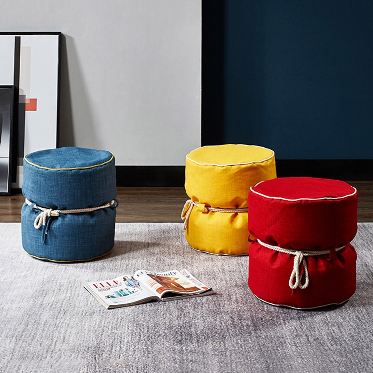 Contemporary Pouf Ottoman Small Round Upholstered Linen Ottoman Footrest Colorful Pouf in Red Homary UK