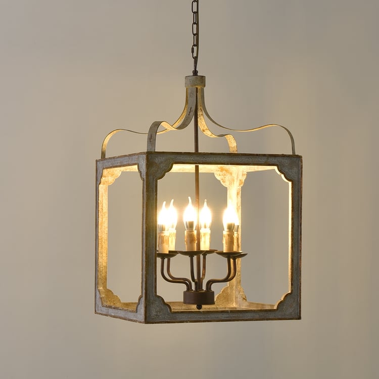 Rustic 6-Light Square Lantern Chandelier Metal and Wood in Antique Grey ...