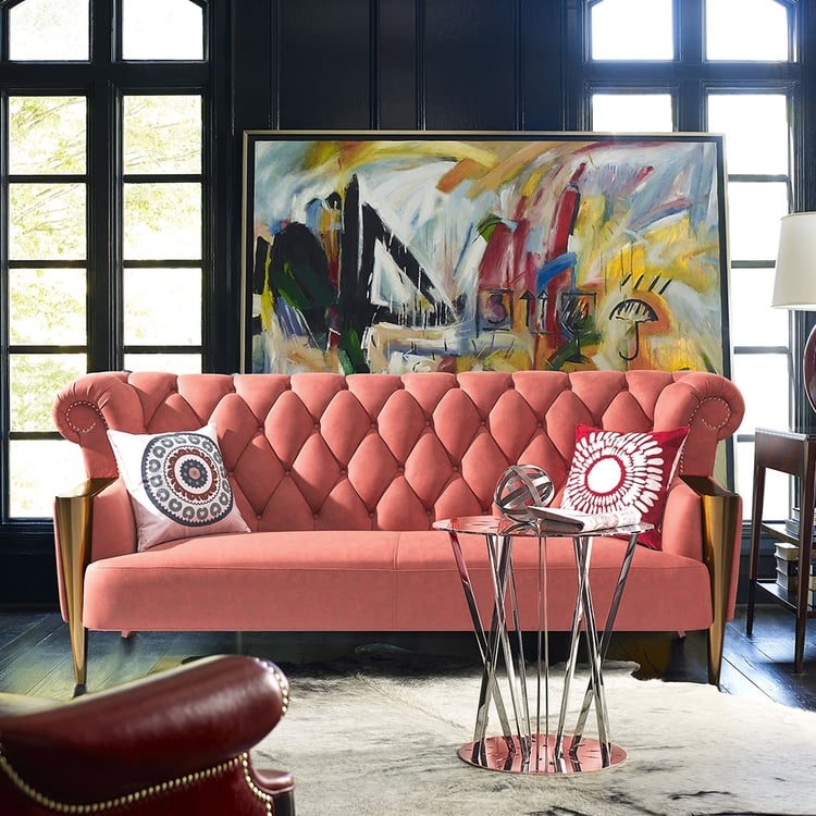 93 Modern Red Upholstered Chesterfield Sofa High Back Tufted Sofa 3 Seater Stainless Steel in Gold Homary