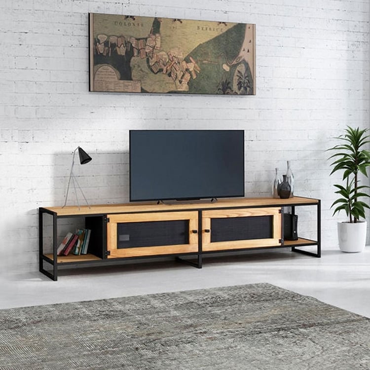 Industrial Natural TV Stand Rectangle Mesh Media Console with Storage ...