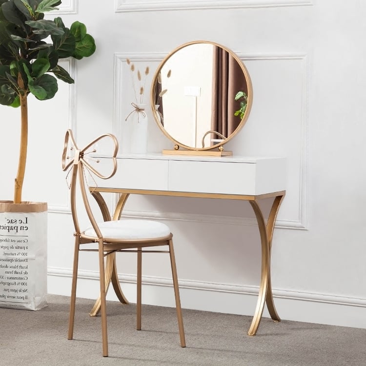 White Wood Makeup Table with Round Mirror & Chair Set Gold Metal Base ...