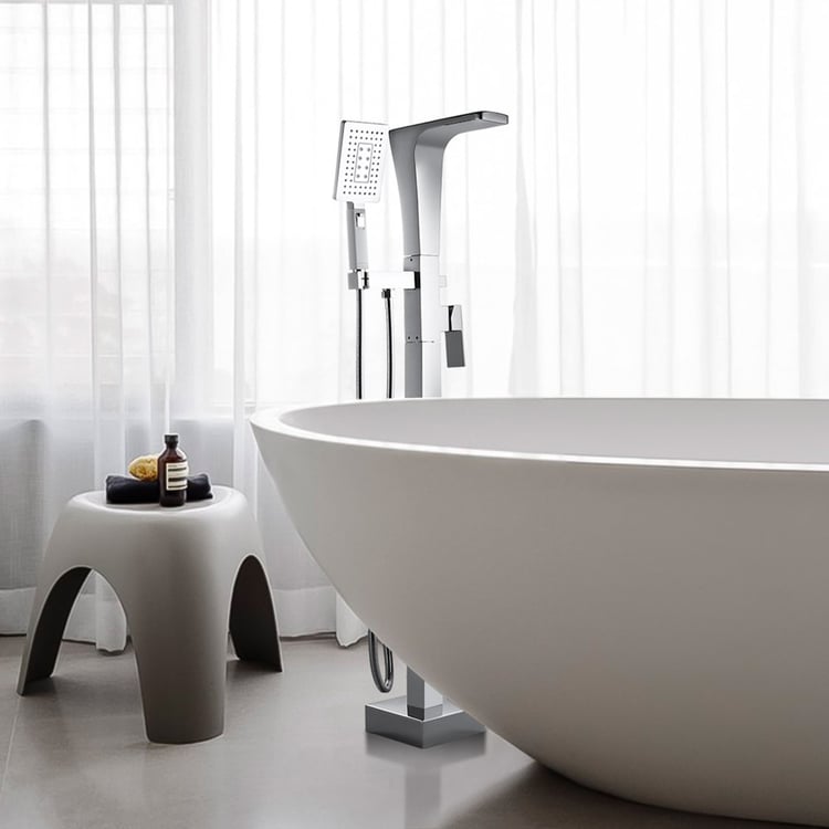 Modern Floor Mounted Bath Filler Tap with Dual-Function Hand Shower ...