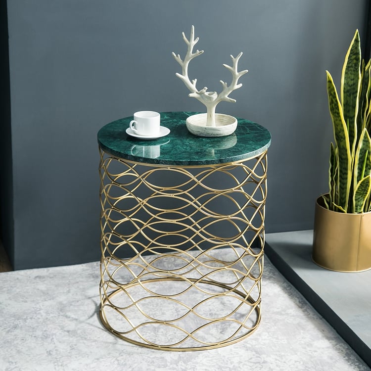 Modern Green End Table Marble Top Side Table Metal in Gold｜Homary