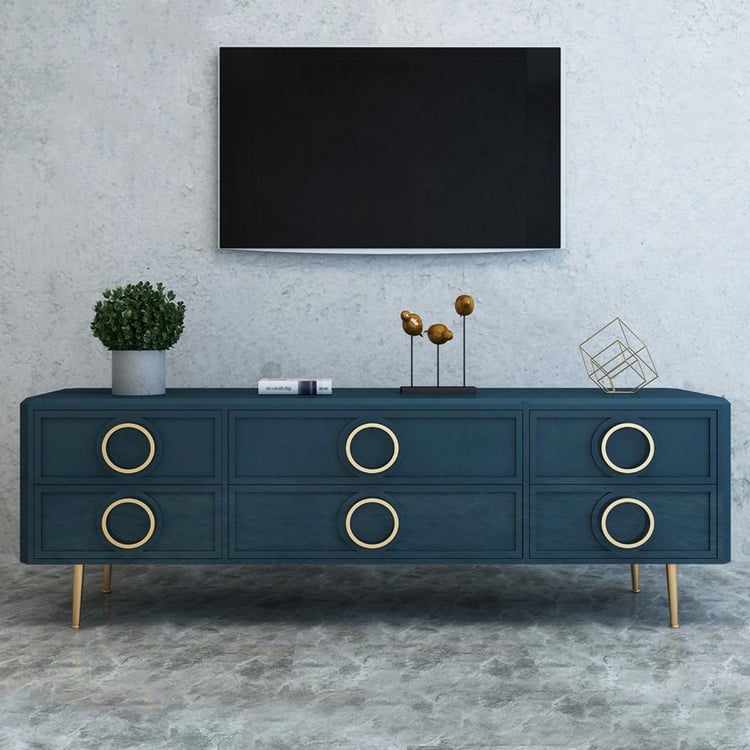 Rindix Navy Blue TV Stand with Storage Drawers for TVs Gold Accents ...