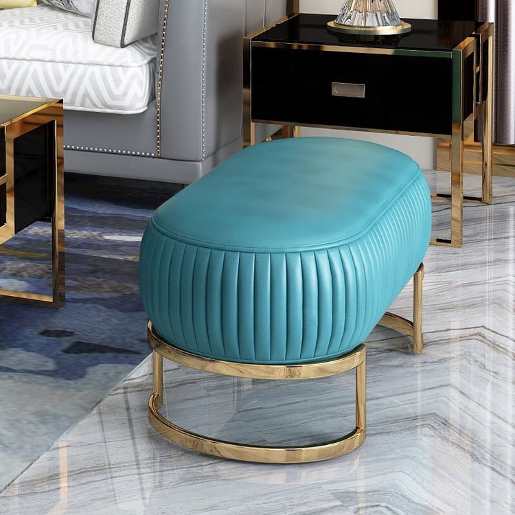 Modern Faux Leather Blue Upholstered Tufted Bench Gold Metal Bench ...