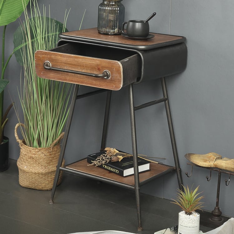 Retro Side Table with Drawer & Shelf Wooden top Metal Legs | Homary