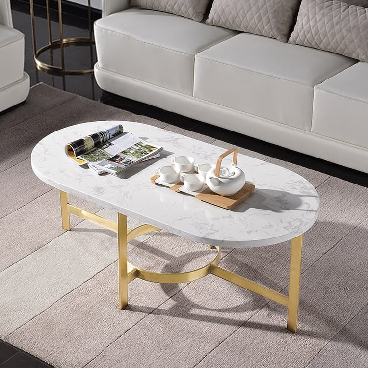 35.4 Modern Oval Coffee Table Marble Top with Creative Gold Tone Stainless Steel Base Homary