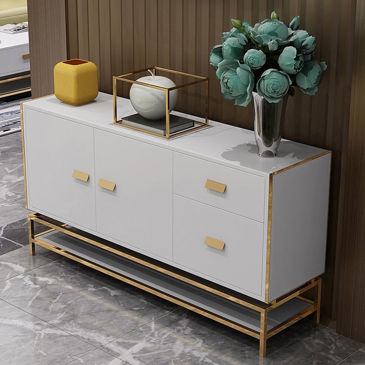 Modern 59" White Sideboard Buffet Table with Shelf Faux Leather Cabinet ...