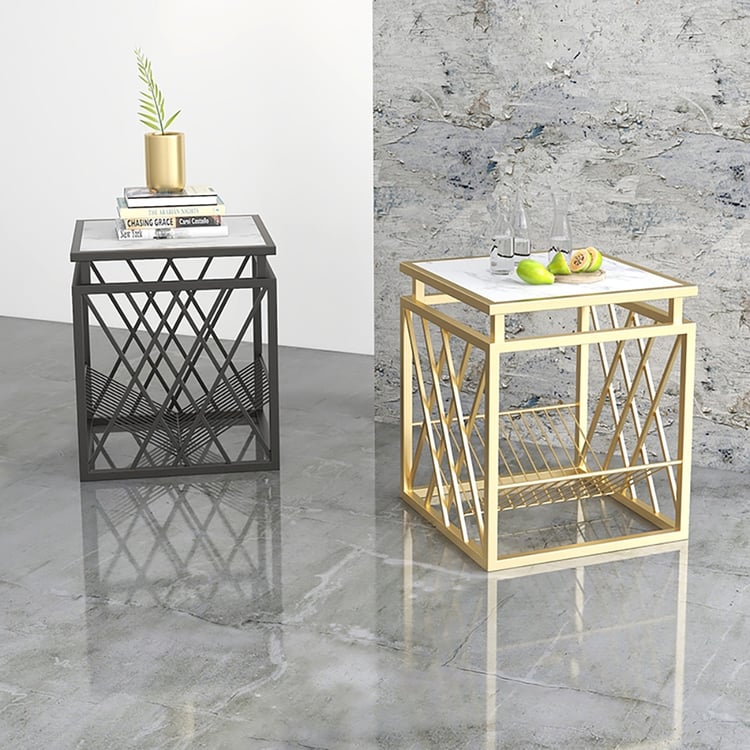 Modern Square Black Side Table with Faux Marble Top｜Homary