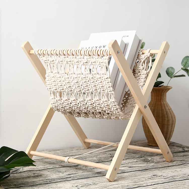 Rustic Macrame Magazine Rack in Cotton and Wood｜Homary UK