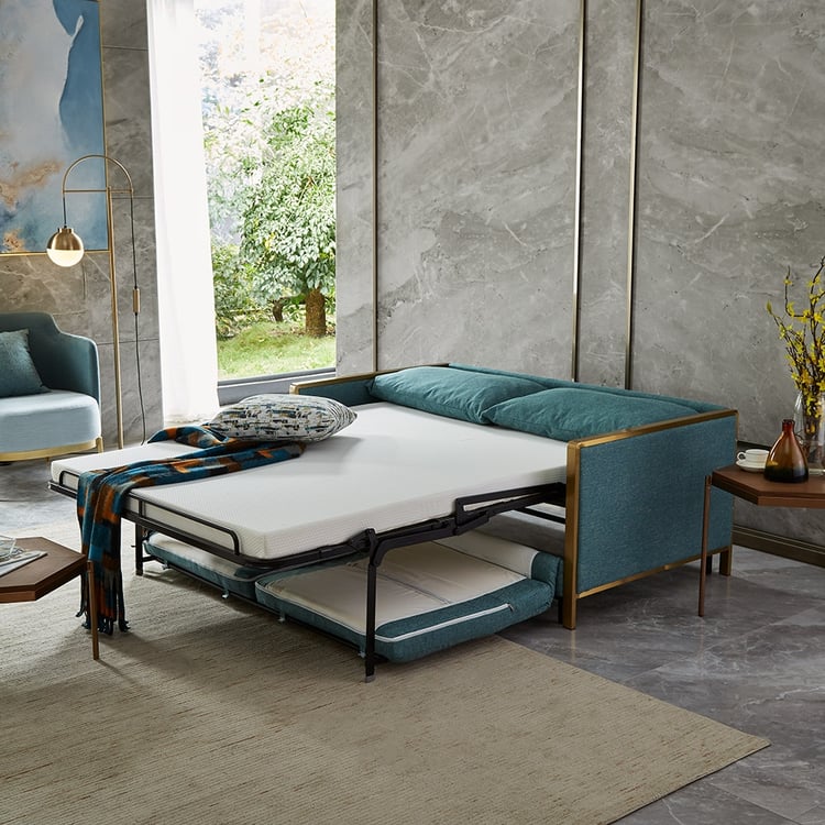 Modern Full Sleeper Sofa Blue Fabric Convertible Sofa Bed in Gold ...