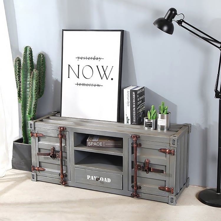 1800mm Cargo Container Style Grey TV Stand with Open Shelves & Drawer 2 ...