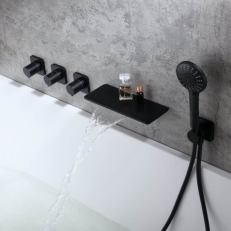 Modern Stylish Wall-Mount Waterfall Bath Tap with Hand Shower in Matte ...