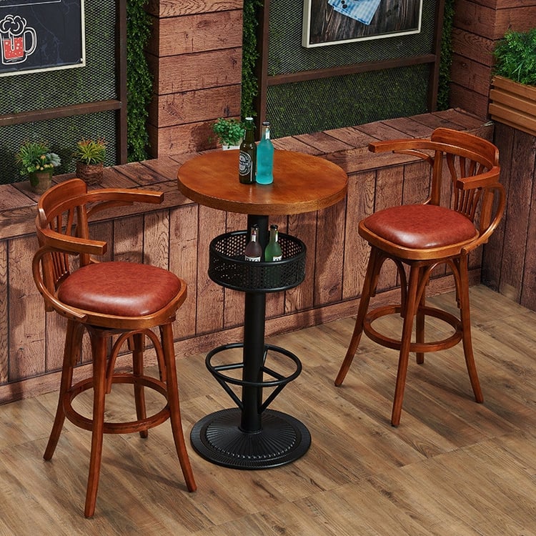 Industrial Round Bar Table Wood Pub Table Pedestal Base with Storage ...
