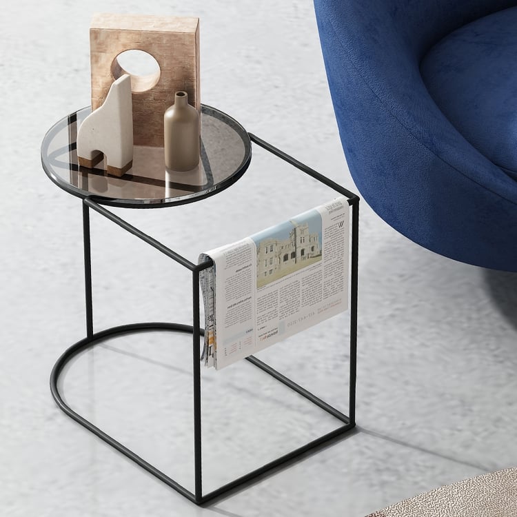 Modern Metal Side Table Black Side Table with Newspaper Rack｜Homary